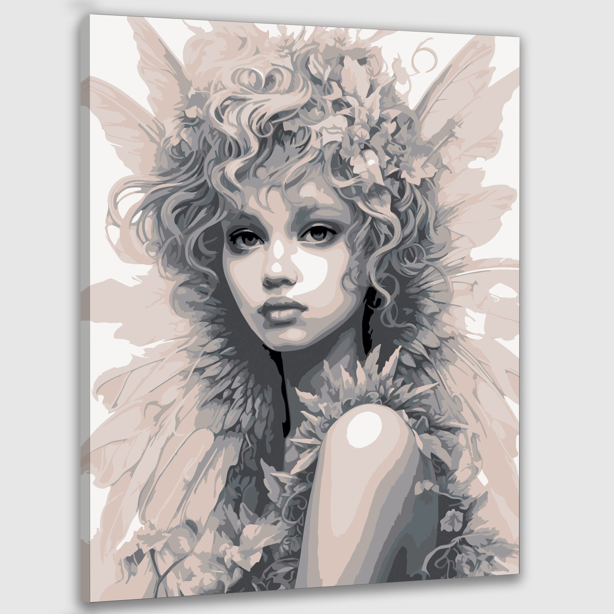 Картина по номерам 40x50 см, фея, графитовый рисунок, сверкающие крылья, замысловатые черты лица, завораживающие глаза