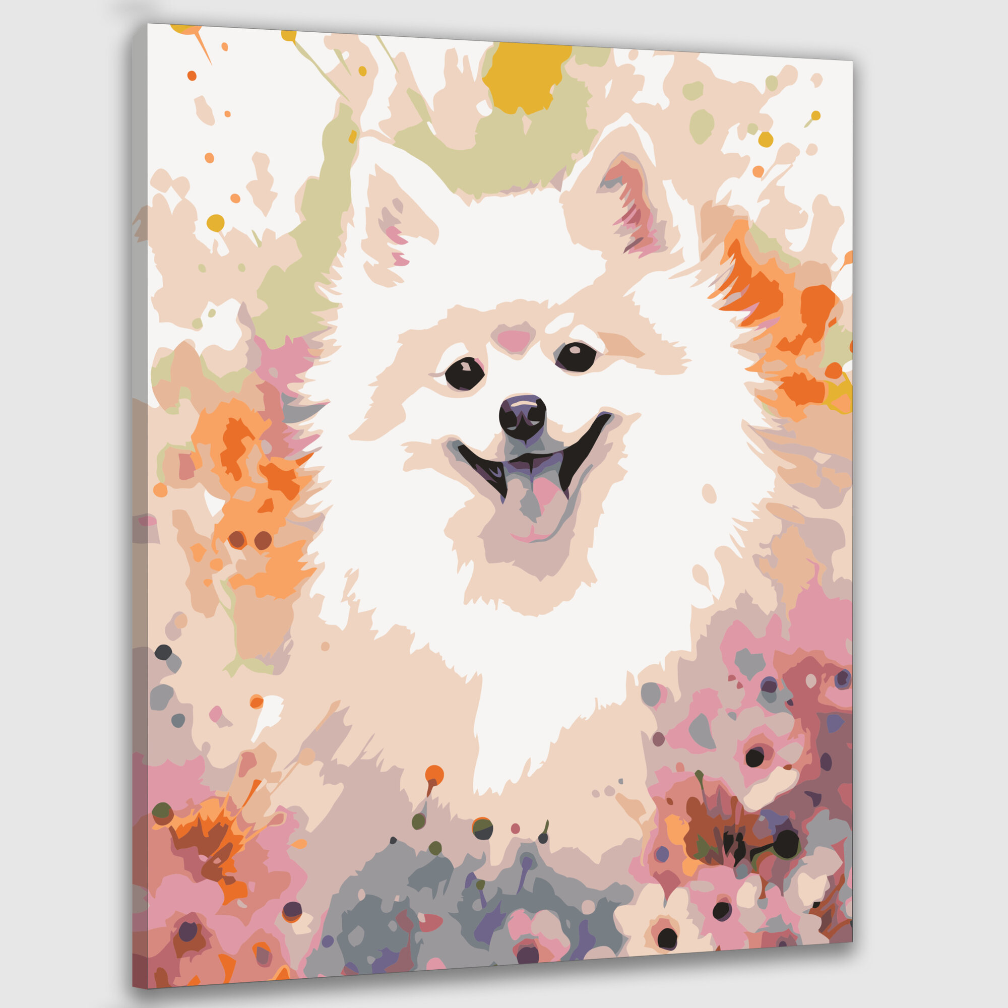 Картина по номерам 40x50 см, акварельная иллюстрация, собака породы шпиц, поле цветущих цветов, пушистая текстура меха