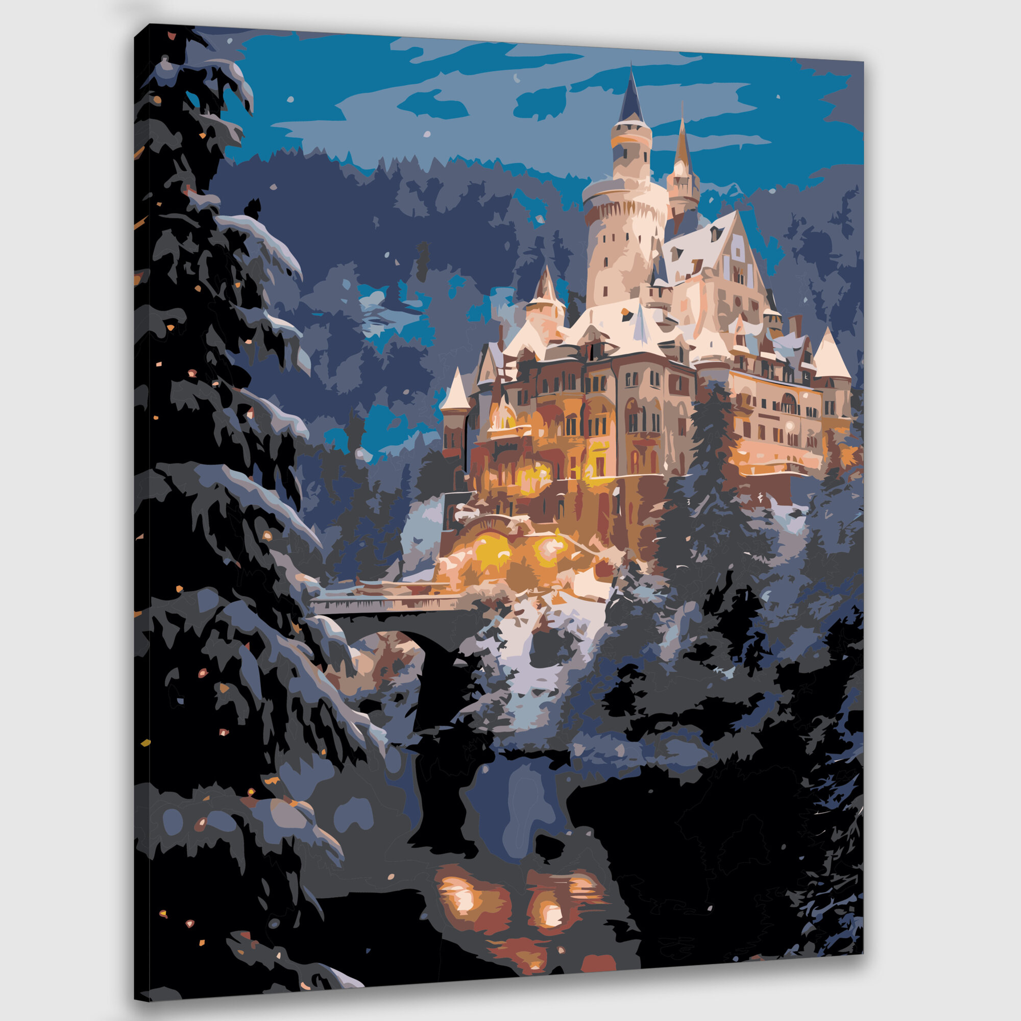 Картина по номерам 40x50 см, зимняя сказка, величественный заснеженны, теплые золотистые огни, белый снег