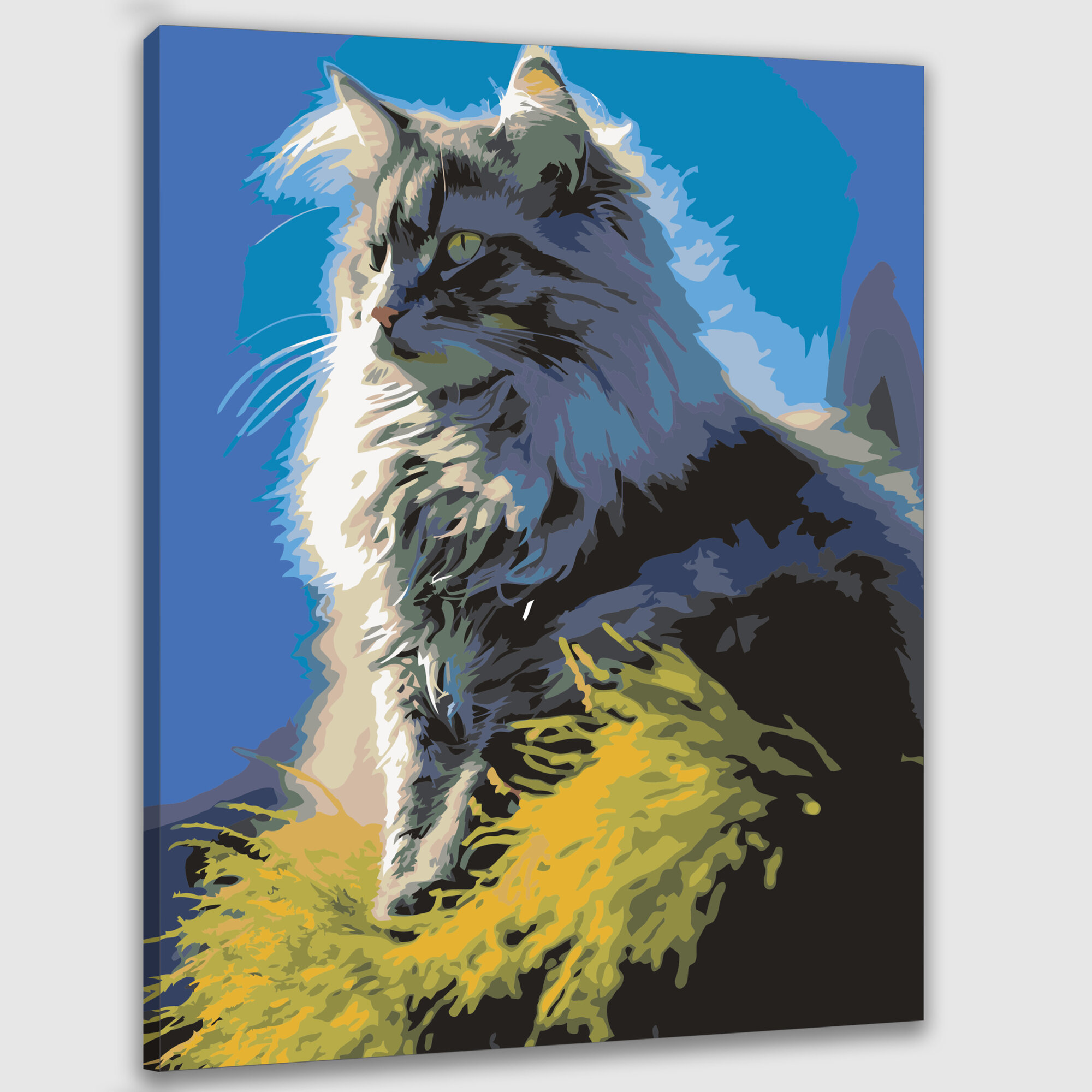 Картина по номерам 40x50 см, голубая кошка, высокая трава, солнце, синий мех, зеленая трава, фон, окраска кошки