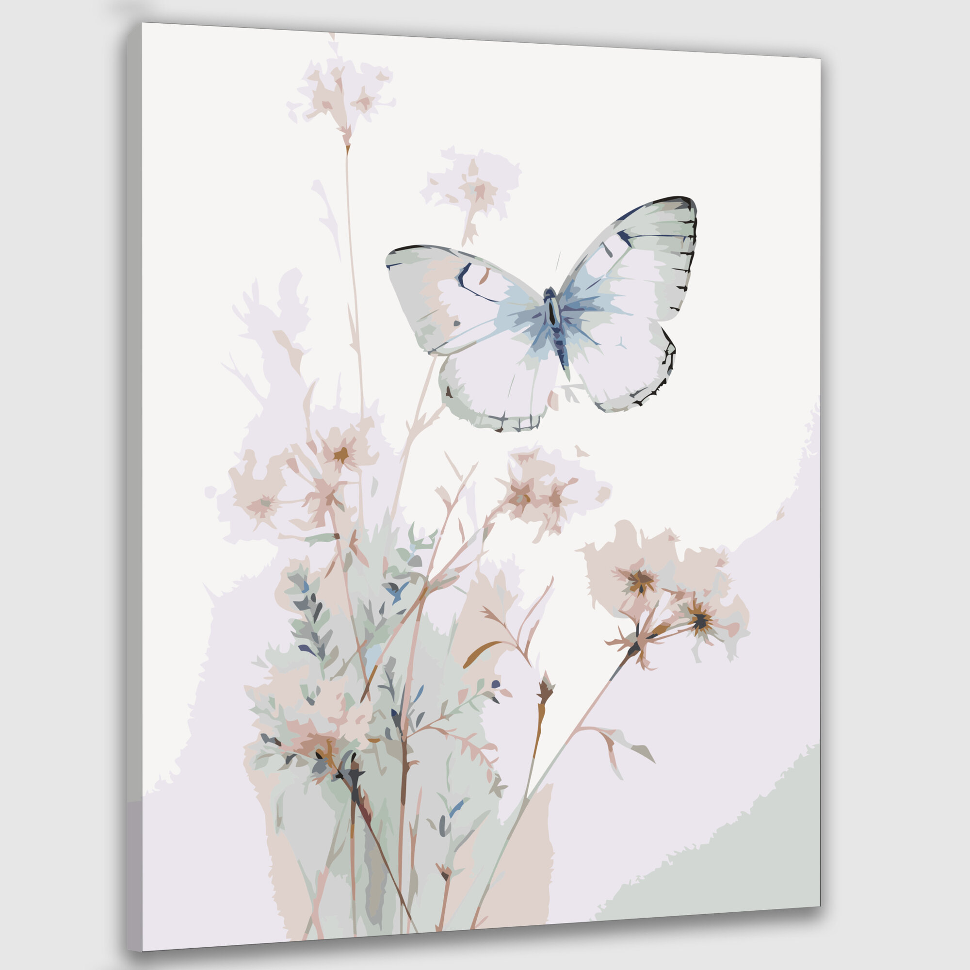 Картина по номерам 40x50 см, бабочка, цветок, акварель, пастельные оттенки, природа