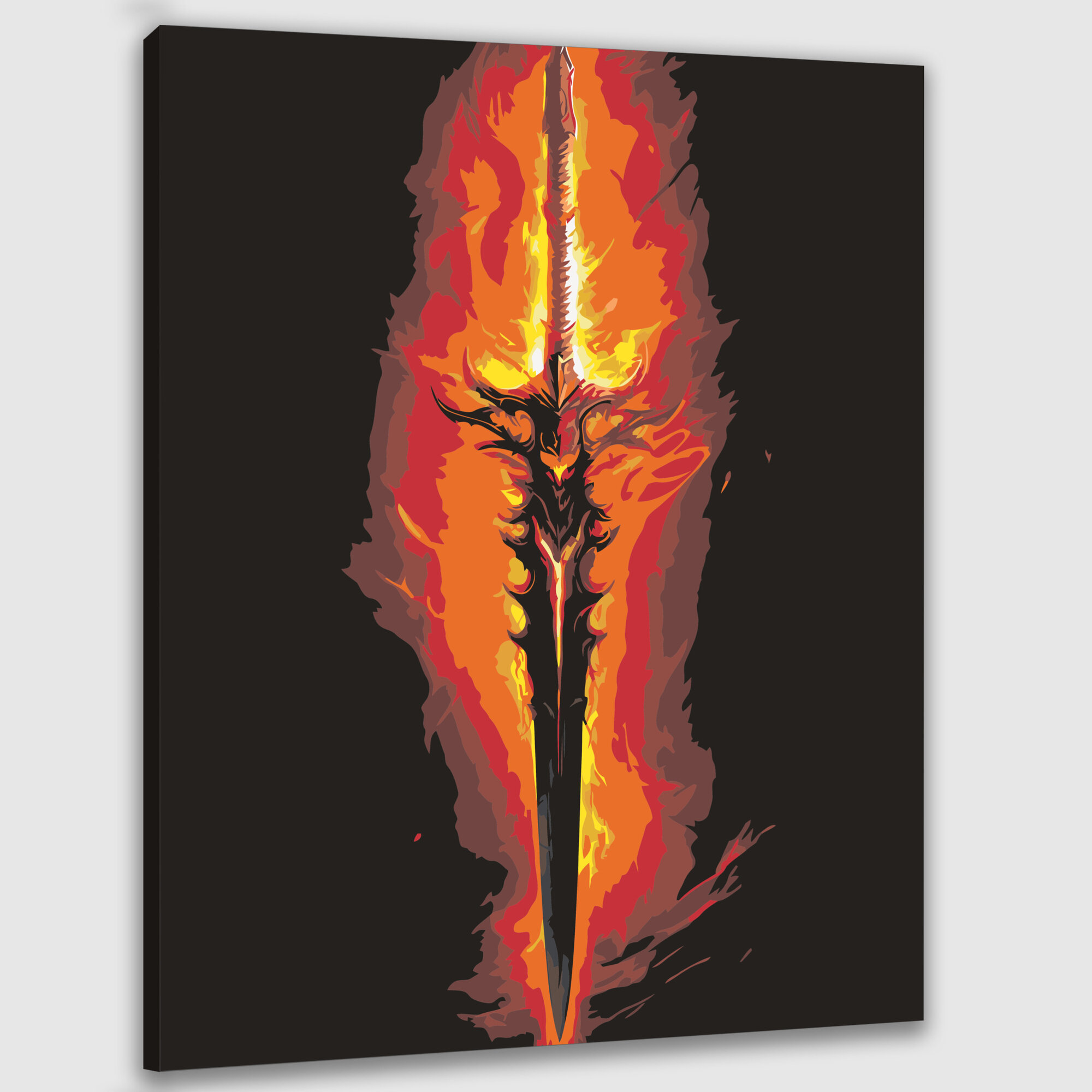 Картина по номерам 40x50 см, пылающий меч, оранжевые оттенки, красные оттенки, лезвие, обжигающий жар, мощь