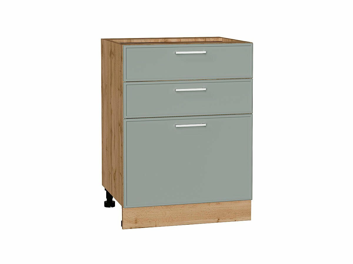 Шкаф нижний с 3-мя ящиками Квадро, цвет фасада Аквамарин, цвет каркаса Дуб Вотан, 816*600*481 мм