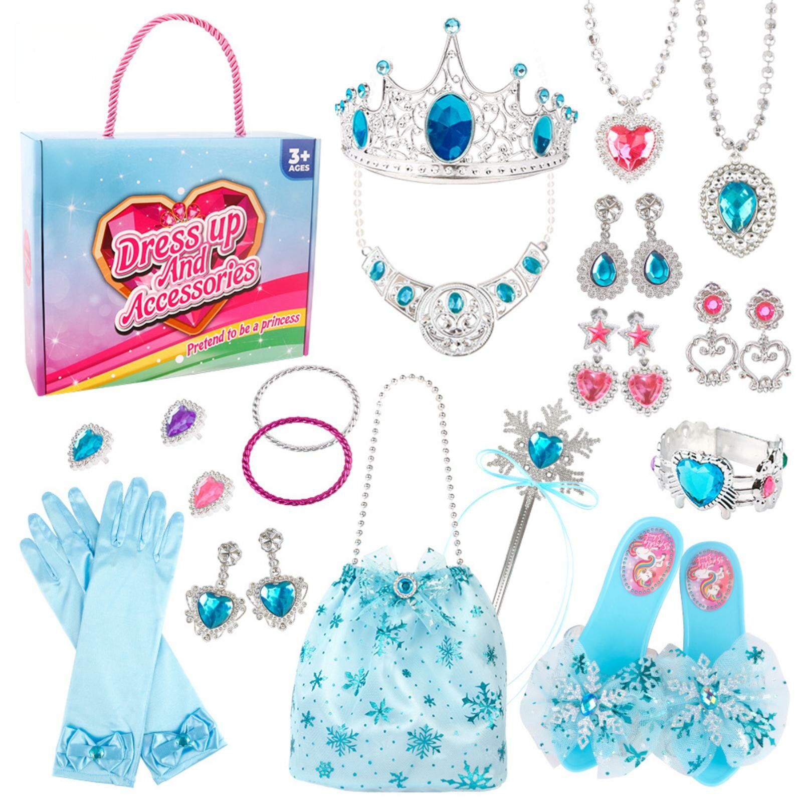 Набор аксессуаров для игры в домики девочек 24шт, корона, жезл, ожерелье, браслет, кольцо, серьги, перчатки, тапочки, сумка