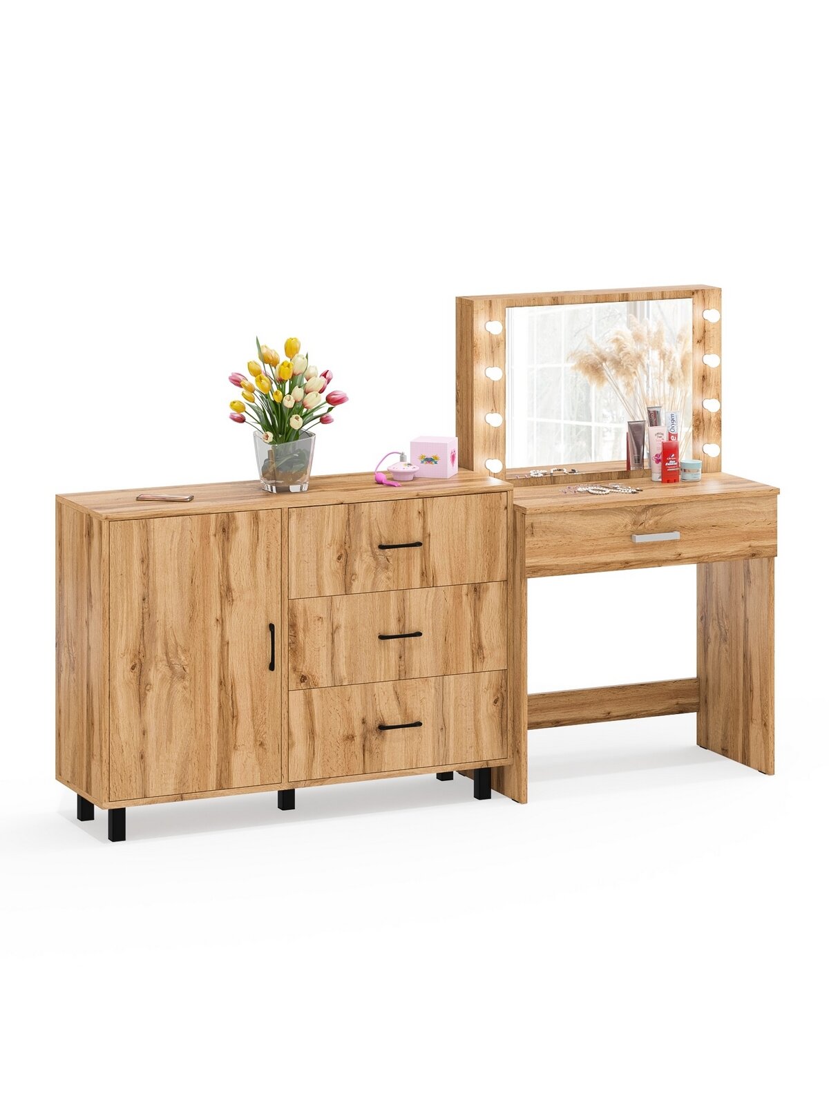 Косметический стол с подсветкой и выдвижным ящиком СТ-4 и комод 122-1204, дуб вотан, 200,8х45х135 см.