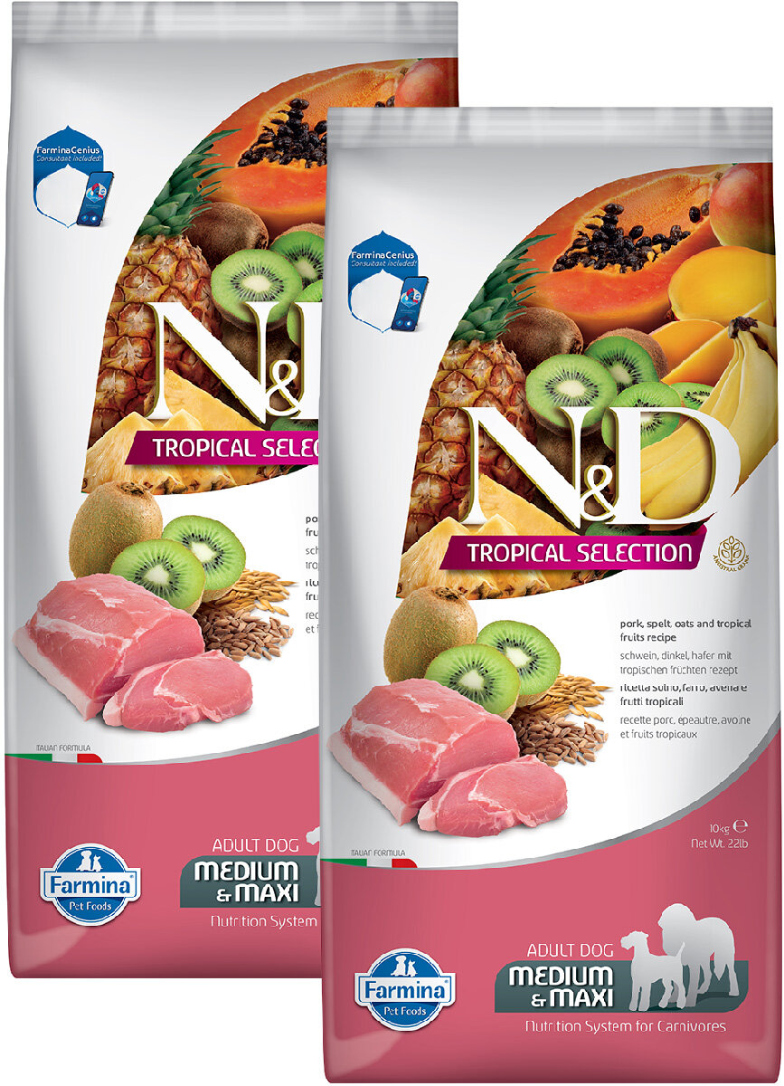 Корм сухой Farmina Dog N&D Tropical Selection Adult Medium & Maxi Pork низкозерновой для взрослых собак средних и крупных пород, свинина, спельта, овес и тропические фрукты, 10 + 10 кг