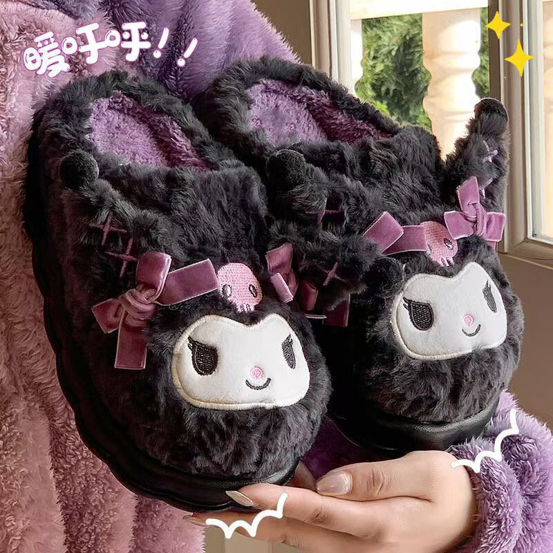 MINISO плюшевые тапочки Sanrio Hello Kitty Kuromi Melody Cinnamonroll женские, 38-39, чёрно-фиолетовый