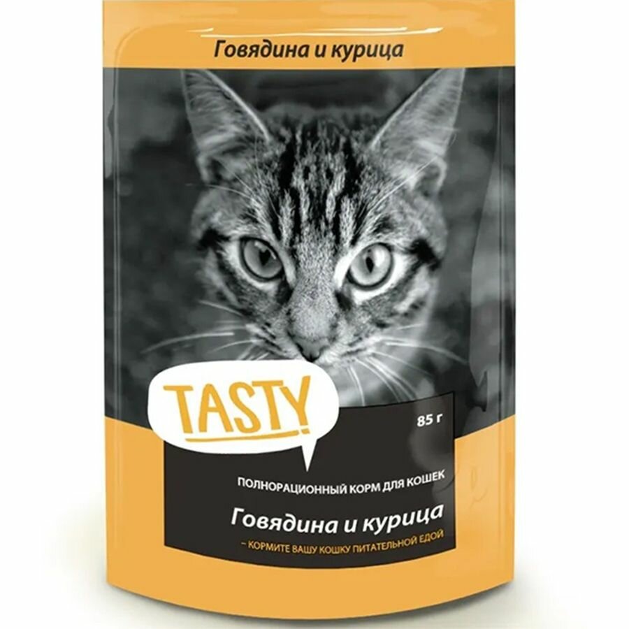 Корм для кошек влажный Tasty 28 пакетиков пауч Говядина и курица в желе