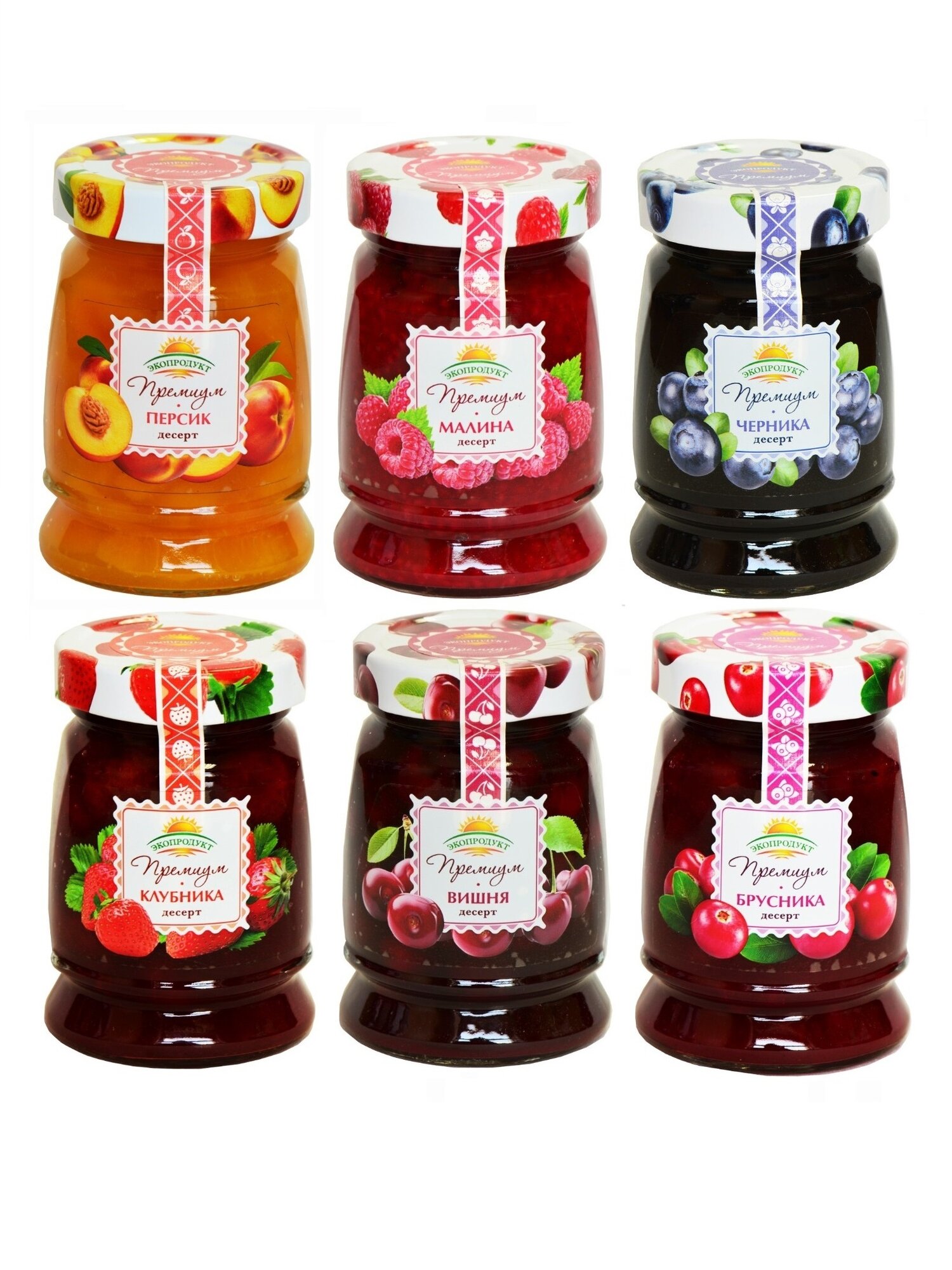Набор премиум десертов: вишня, персик, клубника, малина, брусника, черника ТМ "Экопродукт" 6 баночек по 330 г