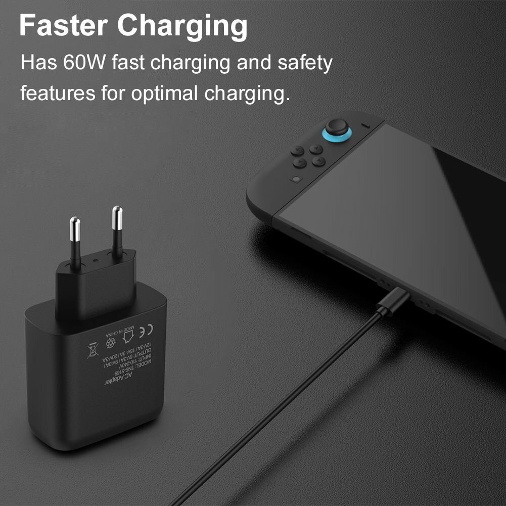 Даптер питания переменного тока 60 Вт с кабелем USB C зарядное устройство типа C для Nintendo Switch2