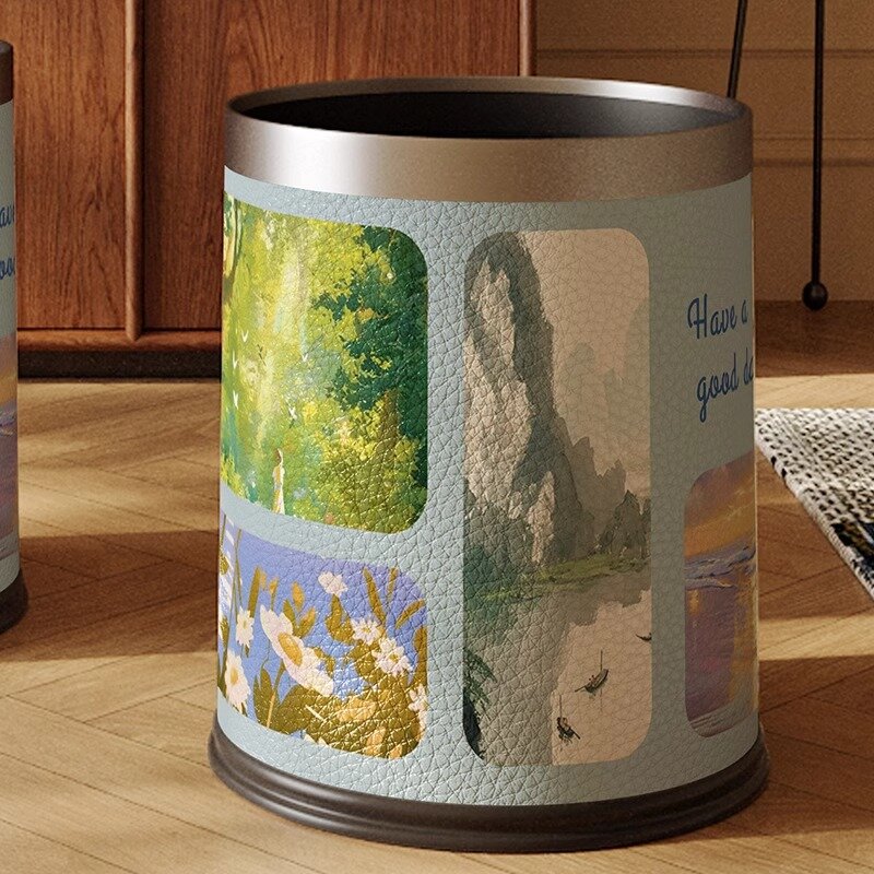 Зеленая винтажная кожаная урна для дома в гостиной, легкая роскошь, высококачественная большая емкость, американская стильная корзина для туалетной бумаги