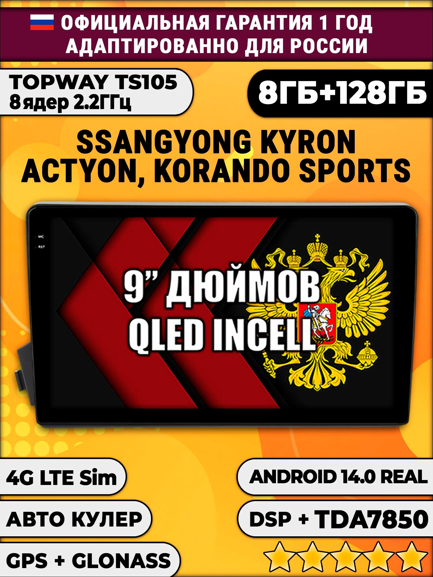 TS105, память 8/128гб для SSANGYONG KYRON, ACTYON, KORANDO SPORTS, Android магнитола