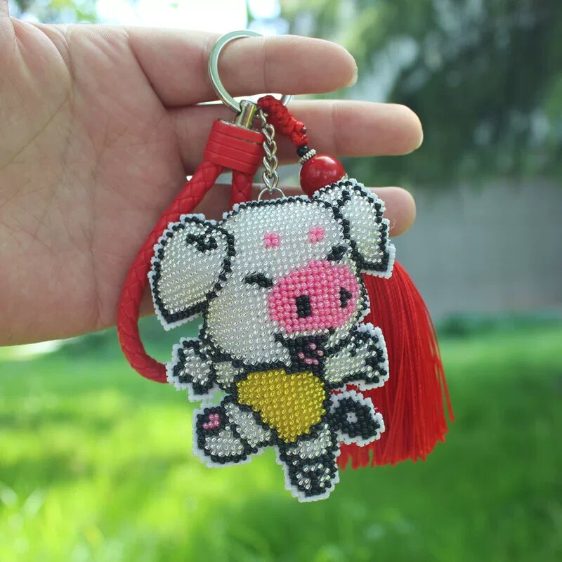 Брелок для ключей с вышивкой крестиком и бисером, символы 12 знаков зодиака: Крыса, Обезьяна, Бык, Лошадь, Петух,