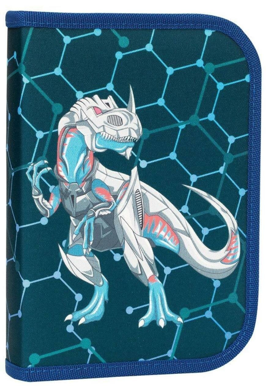 Пенал односекционны TIGER FAMILY металлически дино 13,5х19,5х3 см, 23 предмета, зелены картон, полиэ