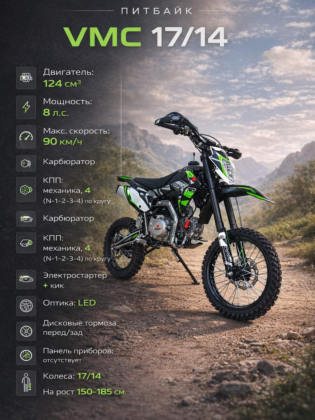 Питбайк VMC 17/14 Green 124 см3 (эл. стартер), бензиновый, для соревнований