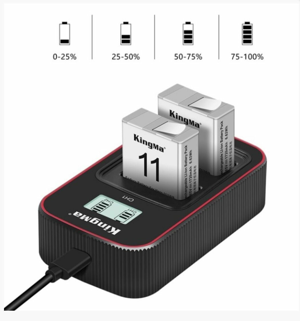 Зарядное устройство с димплеем и два аккумулятора для GoPro 12/11/10/9