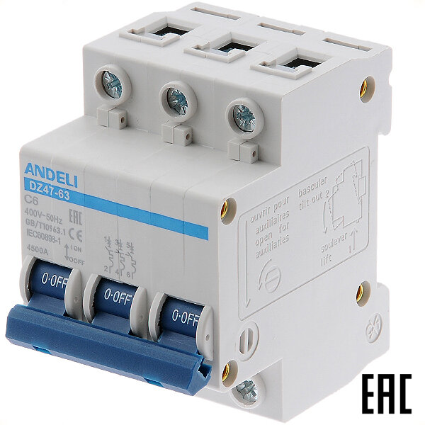 Автоматический выключатель на Din-рейку ADL01-090 ANDELI DZ47-63/3P C6A /3п/ 4,5кА (2 шт. в комплекте)