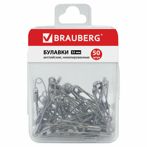 Булавки английские BRAUBERG, 32 мм, никелированные, 50 шт, в пластиковой коробке с европодвесом, 223970