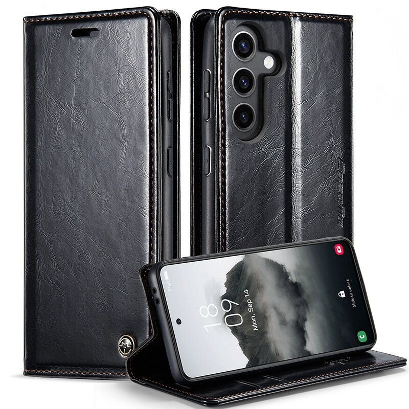 Чехол-книжка MyPads для Samsung Galaxy S24 Ultra из импортной натуральной кожи, черный. MyPads