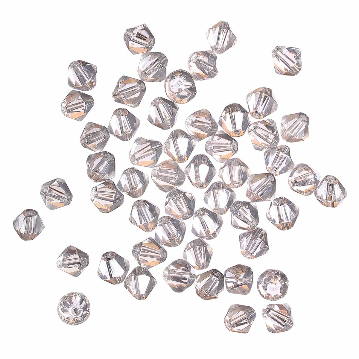 Бусины стеклянные, 6мм, граненые, биконусы, кристально-прозрачные с перламутровым покрытием, 44 шт, низка