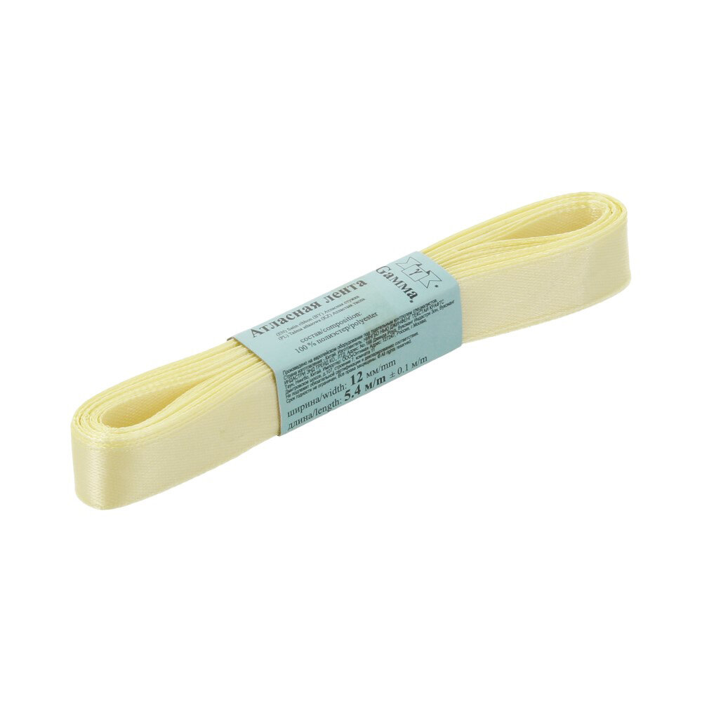 Лента атласная, Gaммa, 12мм, светло-желтая №009, моток, 5 метров