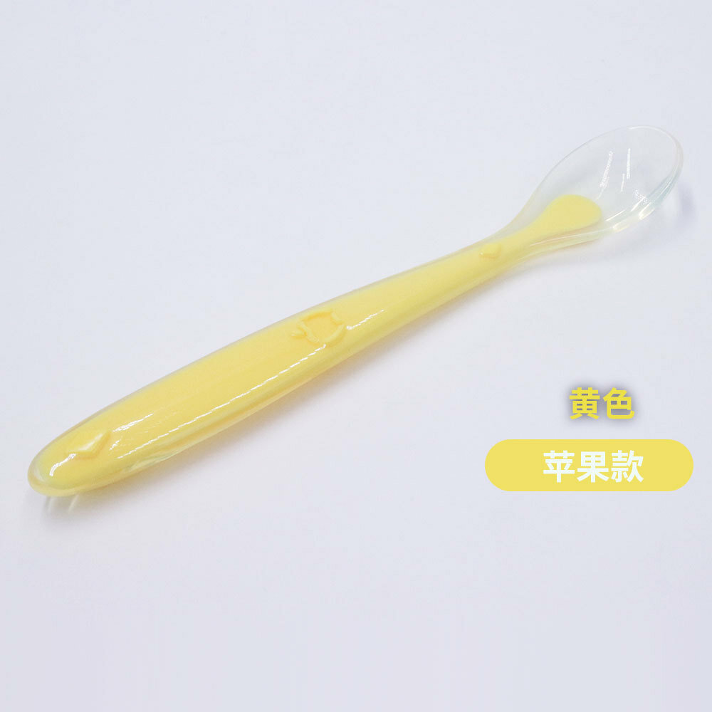 Желтая ложка для кормления с маленьким яблочным дизайном из силикона, безопасная, без БПА, мягкая ручка, 1 шт