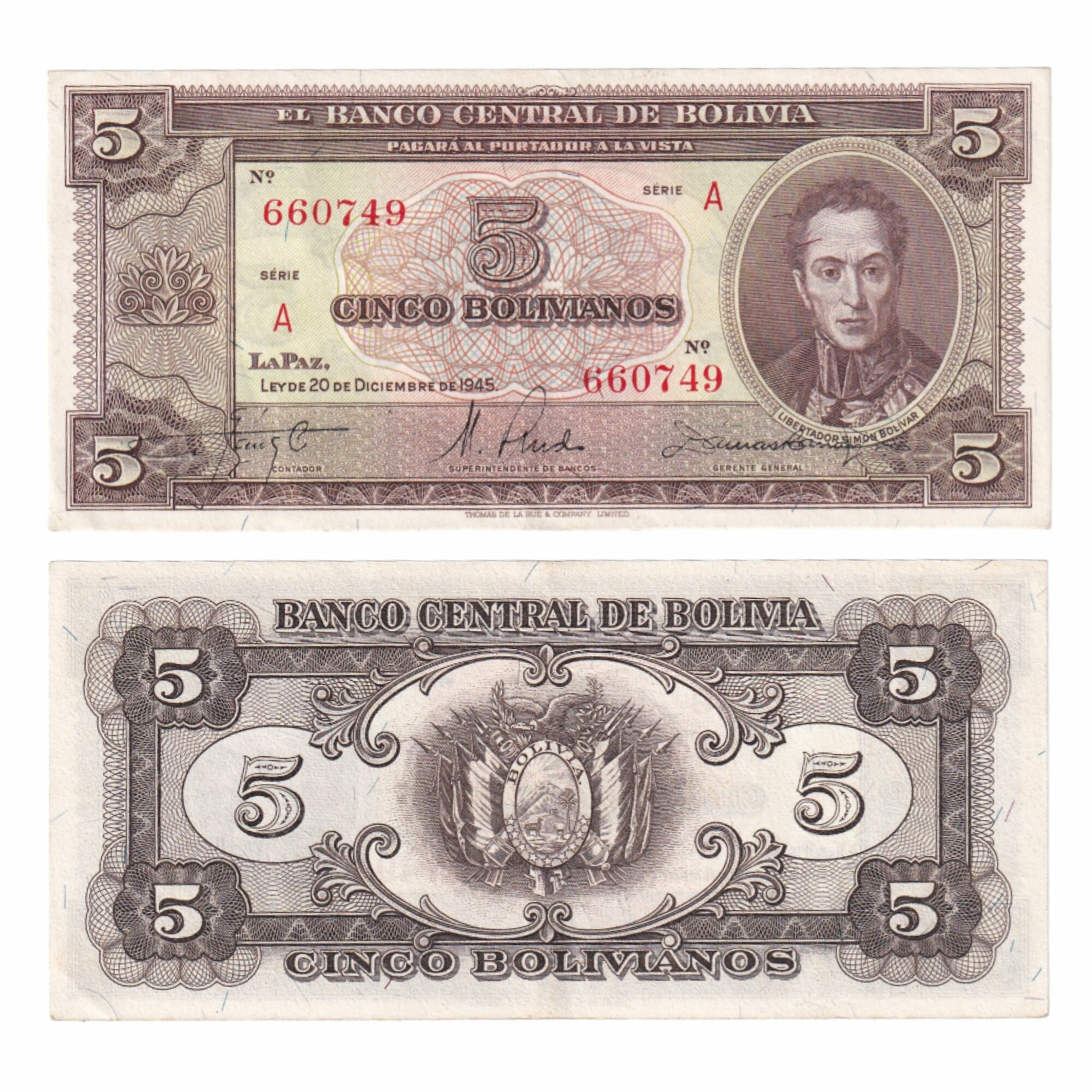 Банкнота Боливия 5 боливиано 1945 год (XF) Pick 138a