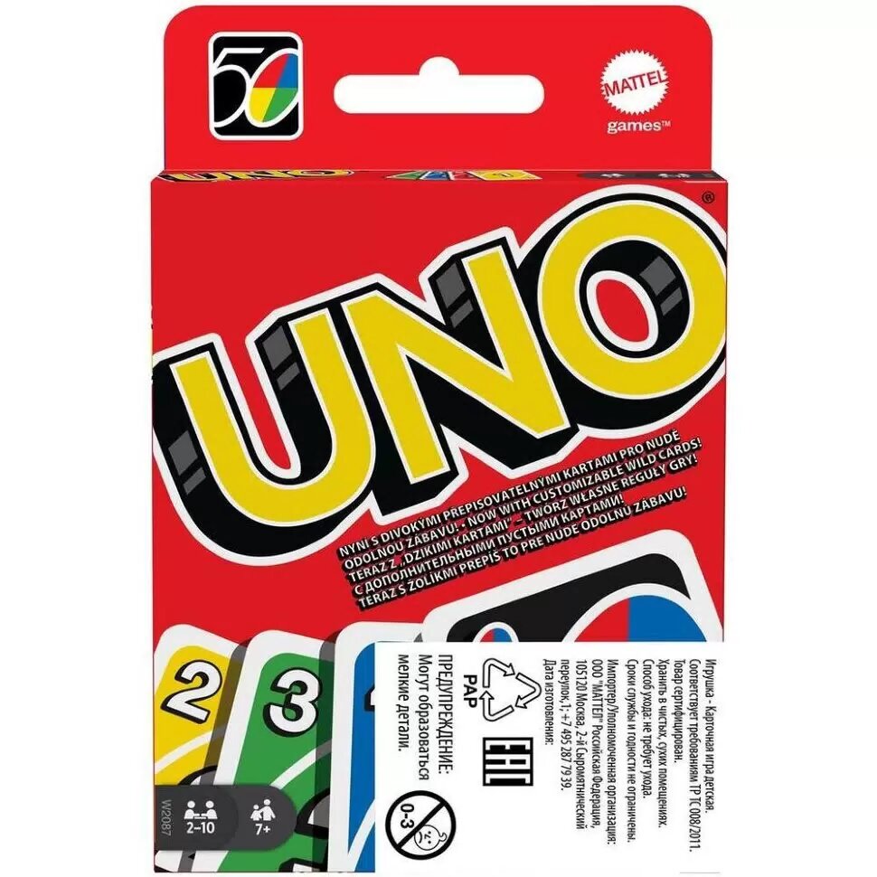 Карточная игра UNO, классическая, картон, красная, дорожная, 108 карт