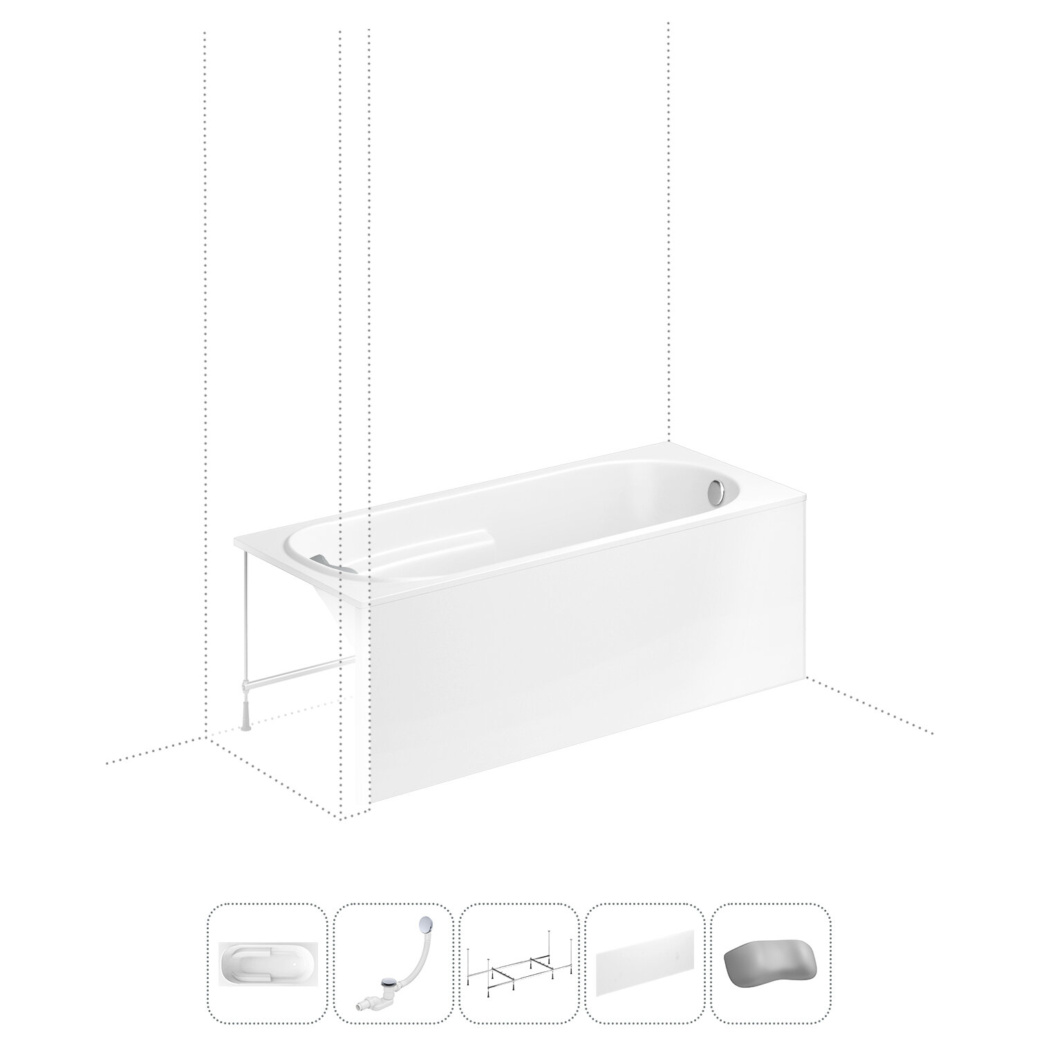 Акриловая ванна 150x75 с каркасом и экраном Lavinia Boho Bristol 202011607 в наборе 5 в 1: прямоугольная ванна 150 x 75 см, слив-перелив, каркас, экран, подголовник