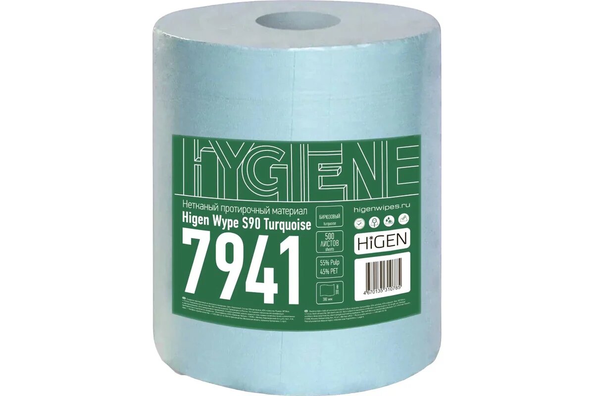 Higen Нетканый протирочный материал для работы с чистящими средствами в рулоне, бирюзовый, 300x380 мм, 500 лст. 7941