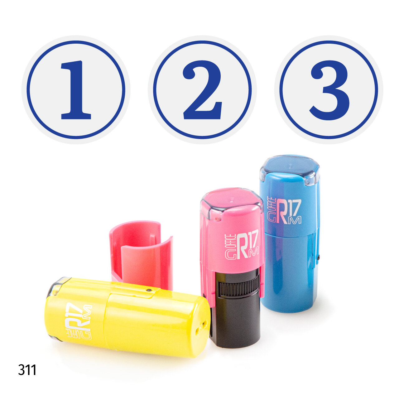 Комплект Цифры 1,2,3 (круг) 3 автом. печати цветные (корпус розовый, желтый, голубой) д.17 мм , GRM R17 Office, Тип 310