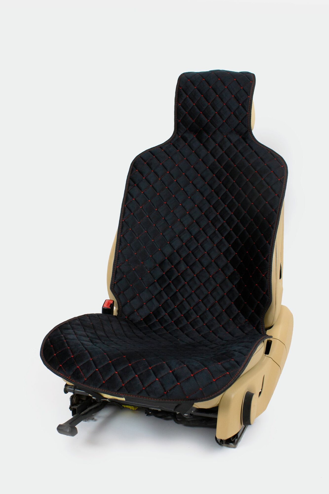 Накидки на сидение автомобиля, авточехлы на передние сиденья, Ромб, широкий с подголовником, черный с красной строчкой