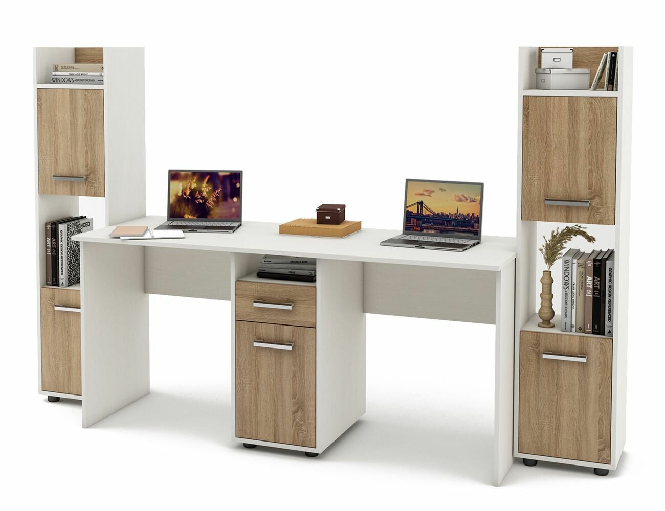 Стол письменный для двоих со стеллажами Остин (Ливерпуль) 7 белое дерево/дуб сонома