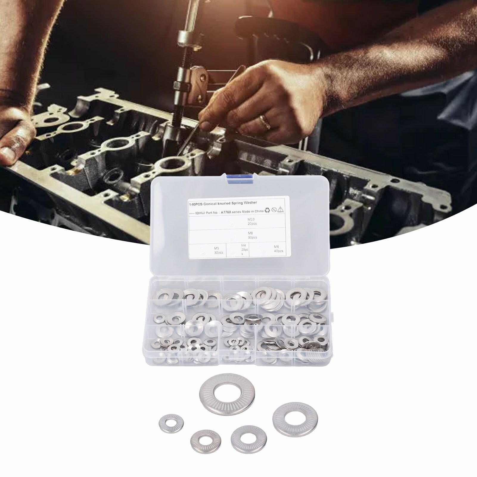 140 шт. рифленых конических пружинных шайб, M4-M10