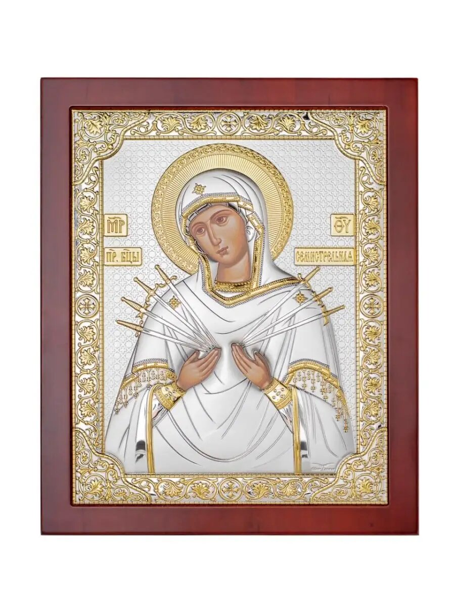Икона серебряная, греческая Семистрельная БМ, 185х235 мм.