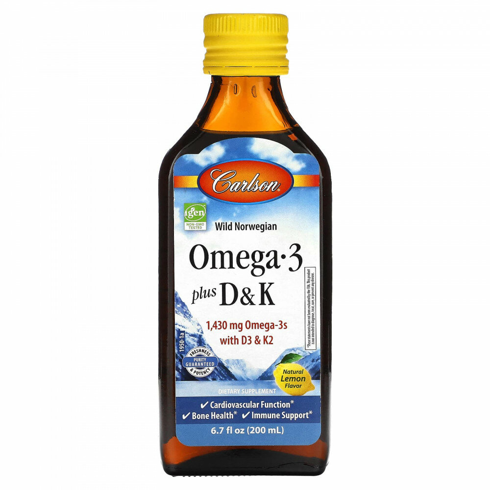 Carlson, Omega 3 Plus D & K, натуральный лимон, 1430 мг, 200 мл (6,7 жидк. унц.)