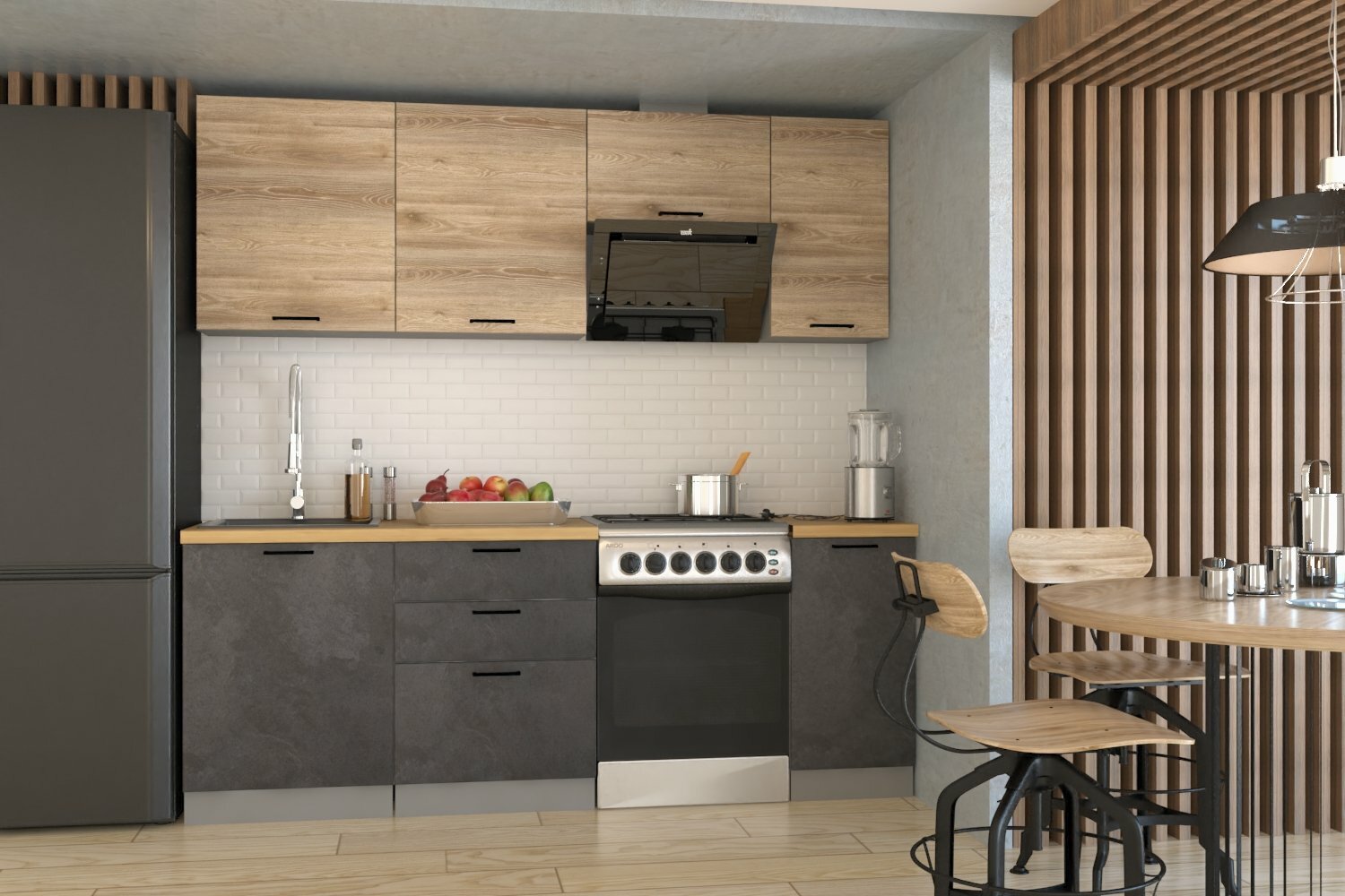 Кухонный прямой гарнитур Лофт, 2200 мм, фасады МДФ Рустик/Бетон