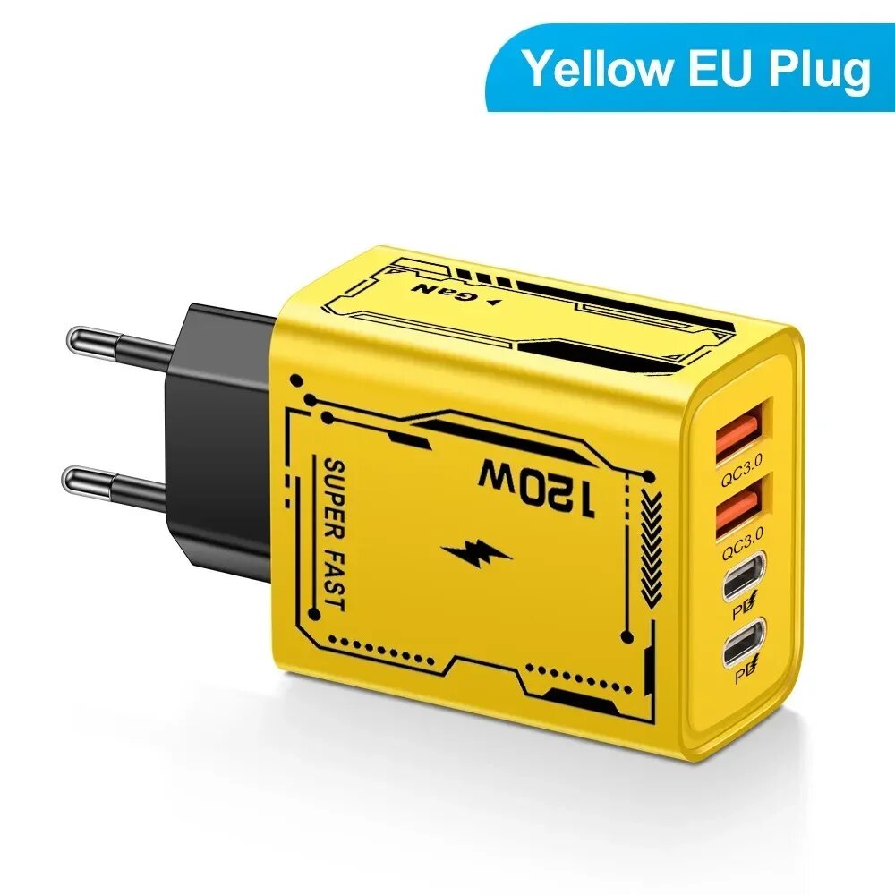 Зарядное устройство USB Type C 120 Вт, 4 порта PD, адаптер для быстрой зарядки телефона EU Yellow