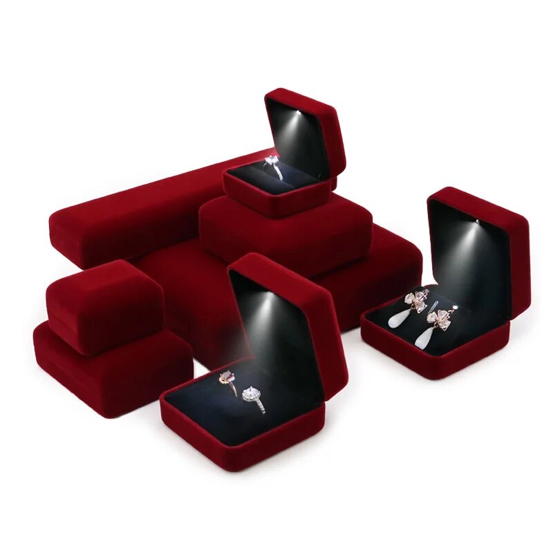 Бархатная коробка для ювелирных изделий со светодиодной подсветкой, шкатулка для обручальных колец, подвесок, сережек, витрин для ювелирных изделий, упаковочные чехлы с индивидуальным логотипом, Подарочная коробка для ювелирных изделий