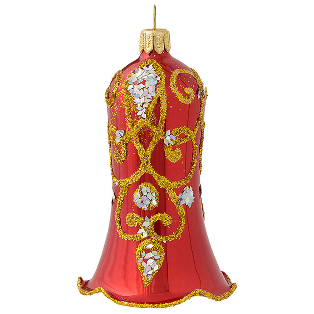 Стеклянная елочная игрушка Колокольчик Вензель 8 см красный, подвеска, Фабрика Елочка, С2183-кр