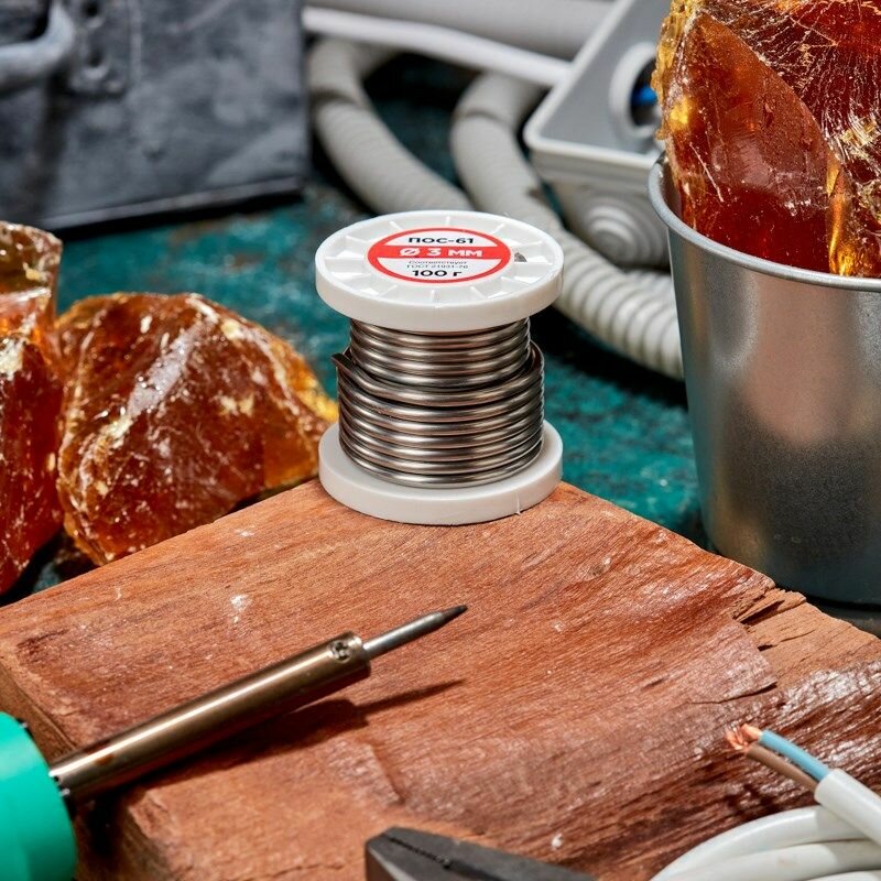 Припой с канифолью ПОС-61, 100г, 3мм, (олово 61%, свинец 39%), катушка REXANT