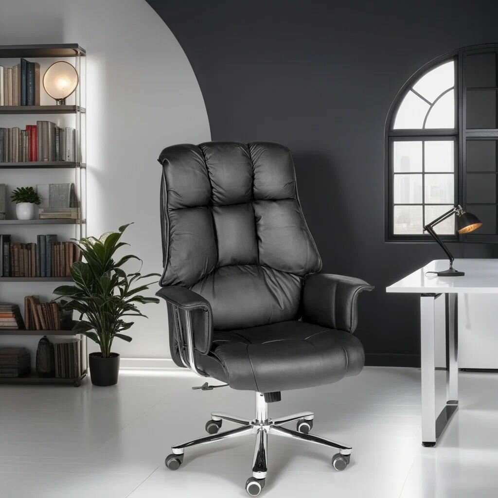 Компьютерное, офисное кресло Президент / Сенат, корпус сталь + хром / черная экокожа