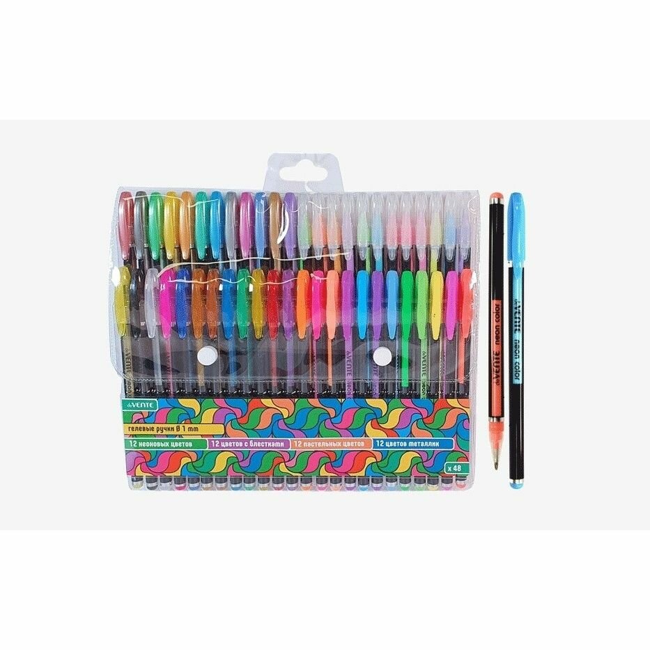 Ручка письменная deVENTE гелевая, Набор 48 цветов, Neon Black 1 мм, черный корпус с цветными полосками (5051015)