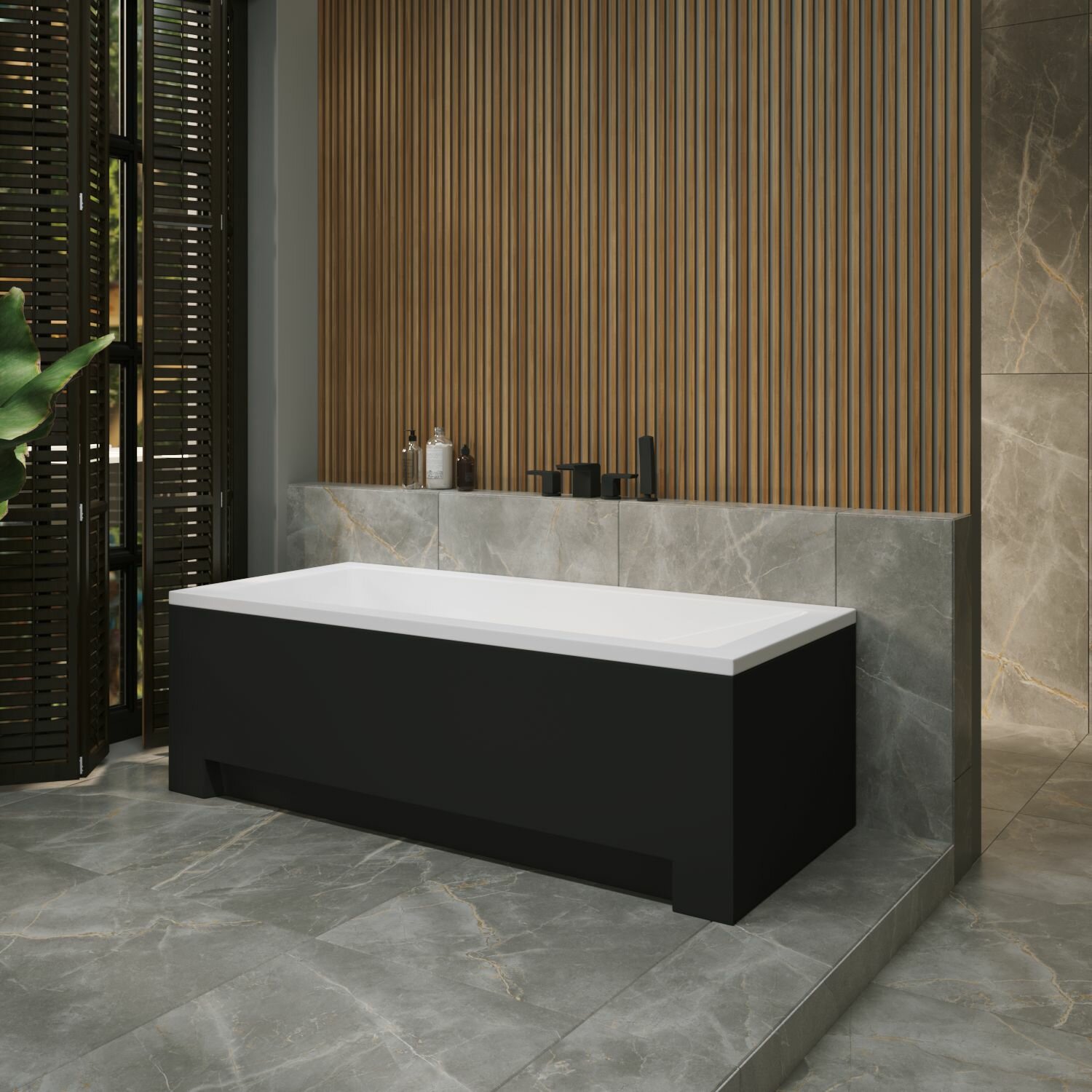 Ванна акриловая 170х70 Helmken Rivana комплект 3 в 1: прямоугольная ванна, каркас, лицевой экран черного цвета