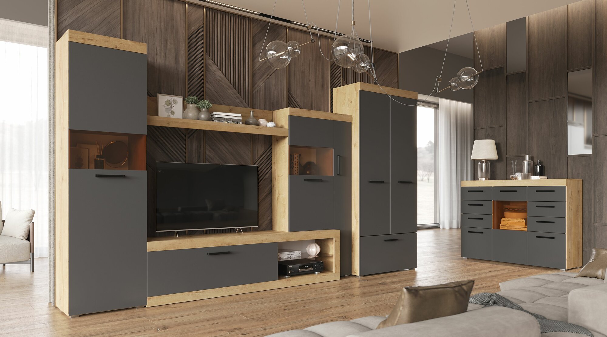 Комплект мебели для гостиной Бастон (comp 9к) Дуб Вотан/Графит