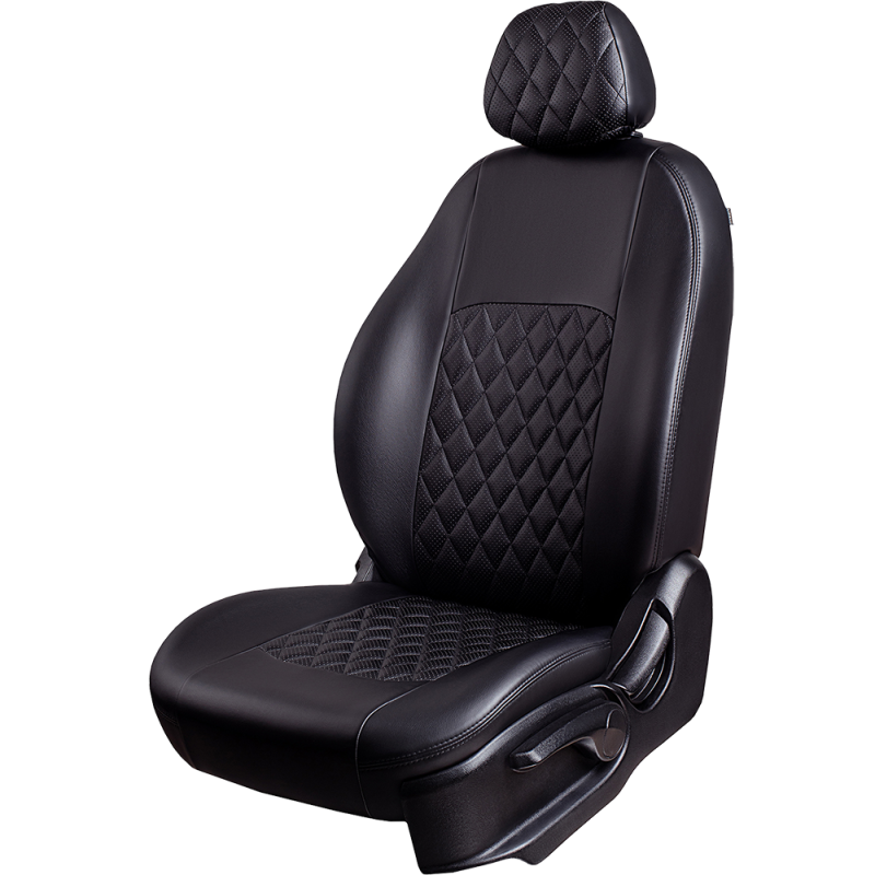 Комплект чехлов для Ford Focus II (Задняя спинка без подлокотника) Comfort Sd/Hb/Wag с 05-11г. Экокожа, ромб, черный, черная строчка.