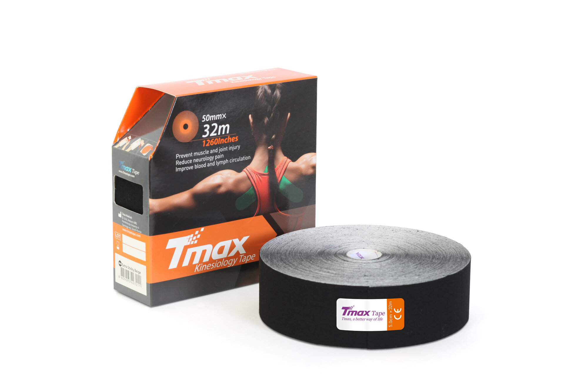 Кинезио тейп хлопок Tmax Extra Sticky 5cm x 32m, черный