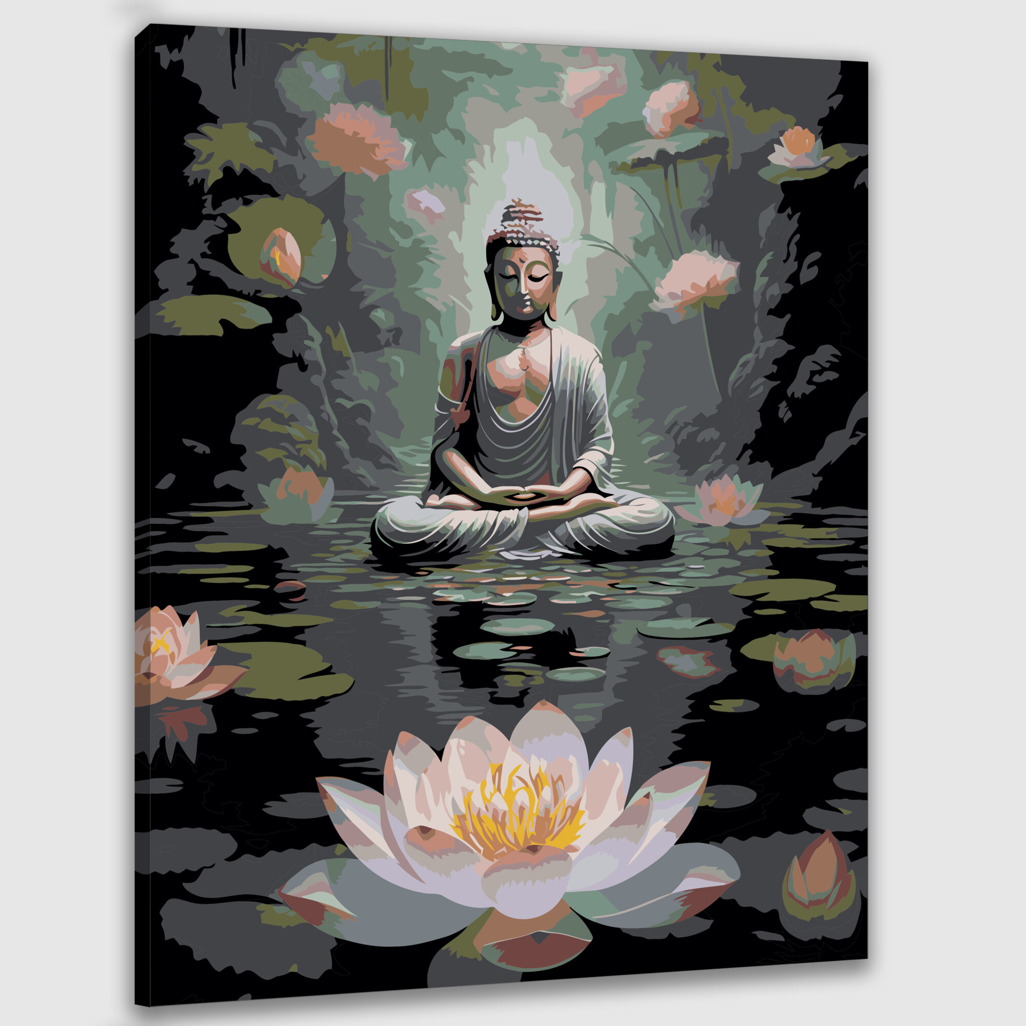 Картина по номерам 40x50 см, Будда, медитация, сад, лотосы, рыбки кои, яркие цвета, покой, духовное равновесие.