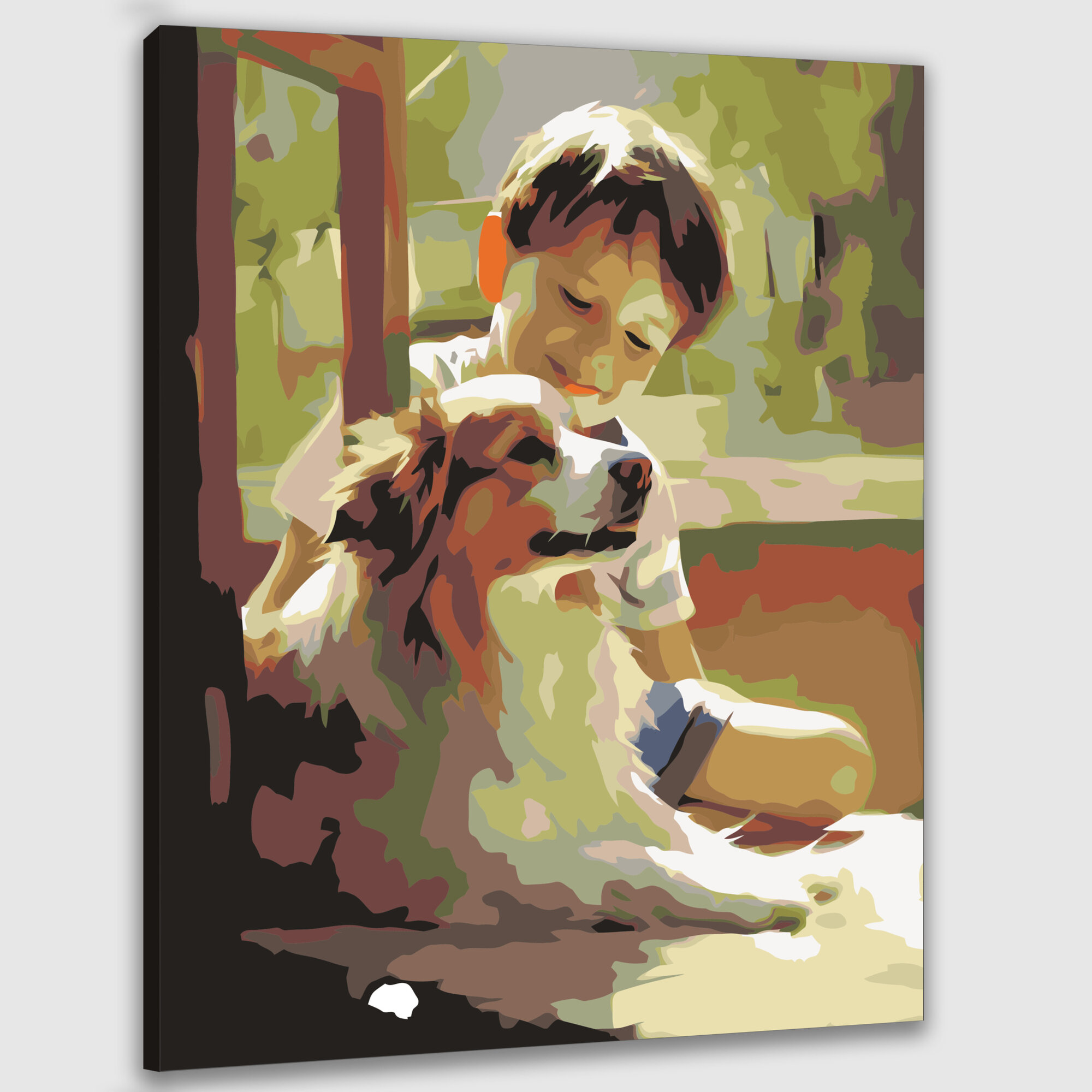 Картина по номерам 40x50 см, картина, масло, ребенок, собака, шпиц, крыльцо, солнце, нежный взгляд, доверие, уют