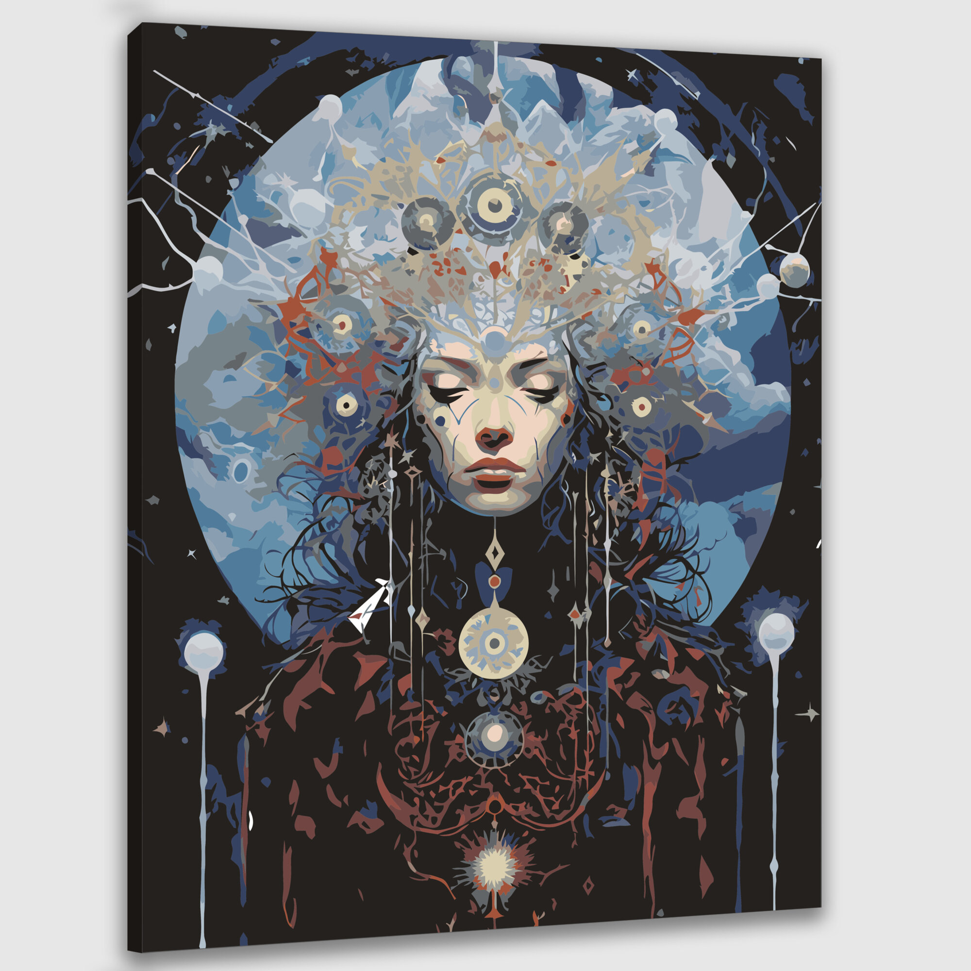 Картина по номерам 40x50 см, шаман, медитация, небесные узоры, символы, акриловые краски, коллаж, тушь, будущее
